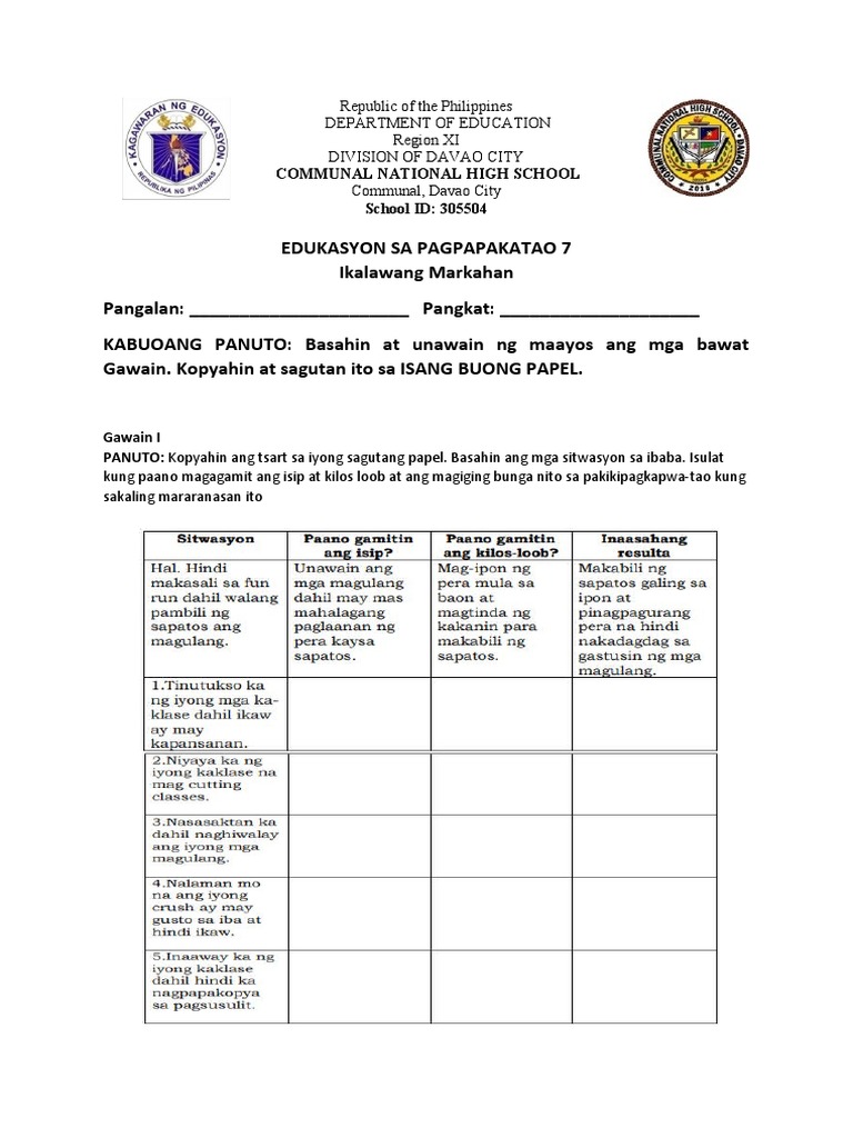 2nd Quarter Act - Sheet - ESP7 | PDF