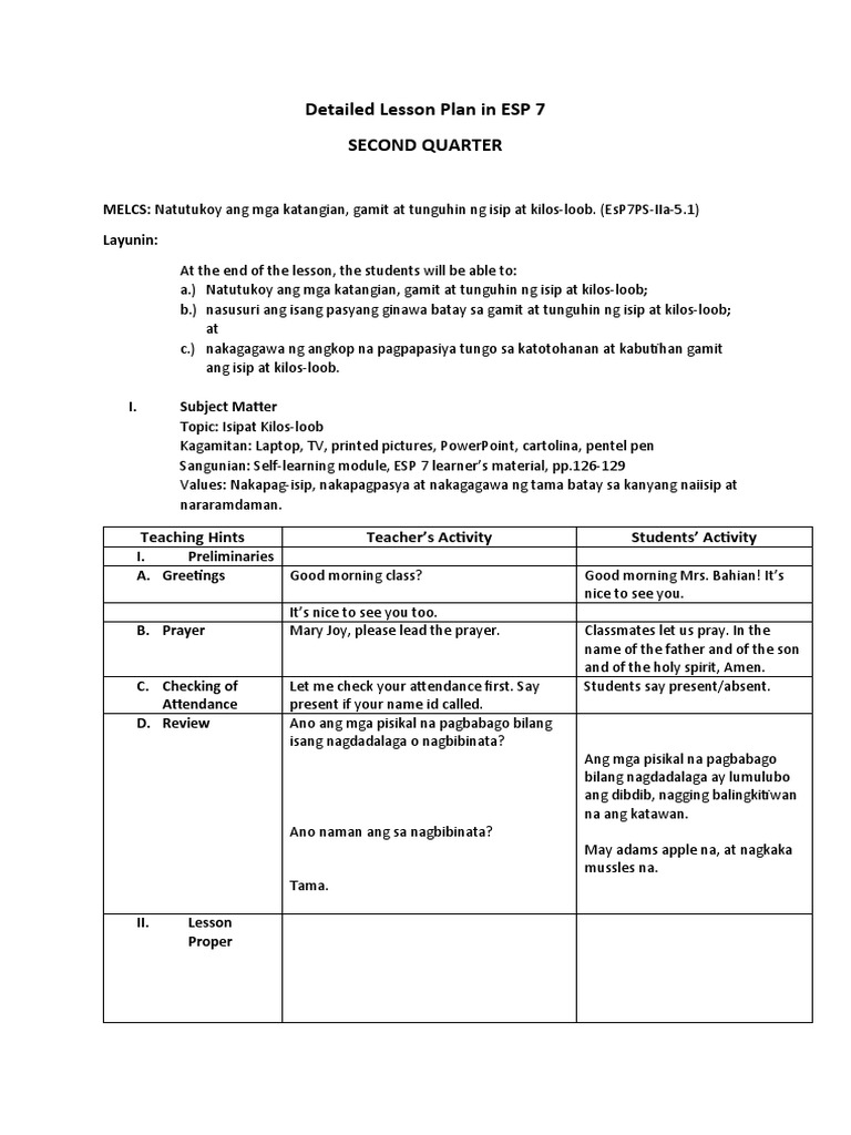 Detailed Lesson Plan IN ESP 7 | PDF