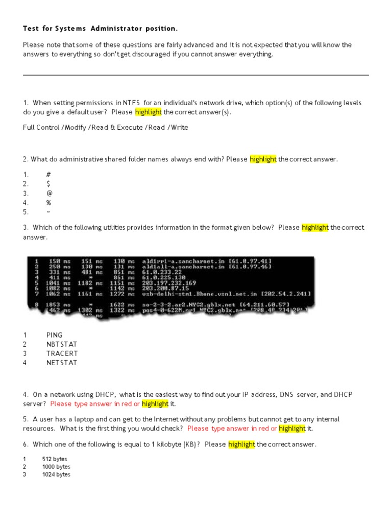 Systems Administrator Test Questions | PDF | Computer Network ...