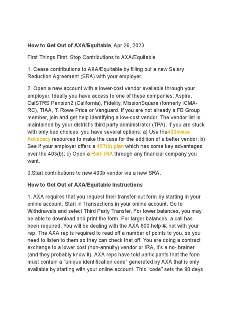 Exit AXA/Equitable 403b Guide | PDF | Business