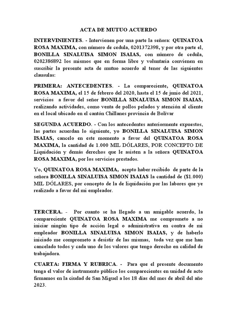 Acta de Mutuo Acuerdo | PDF