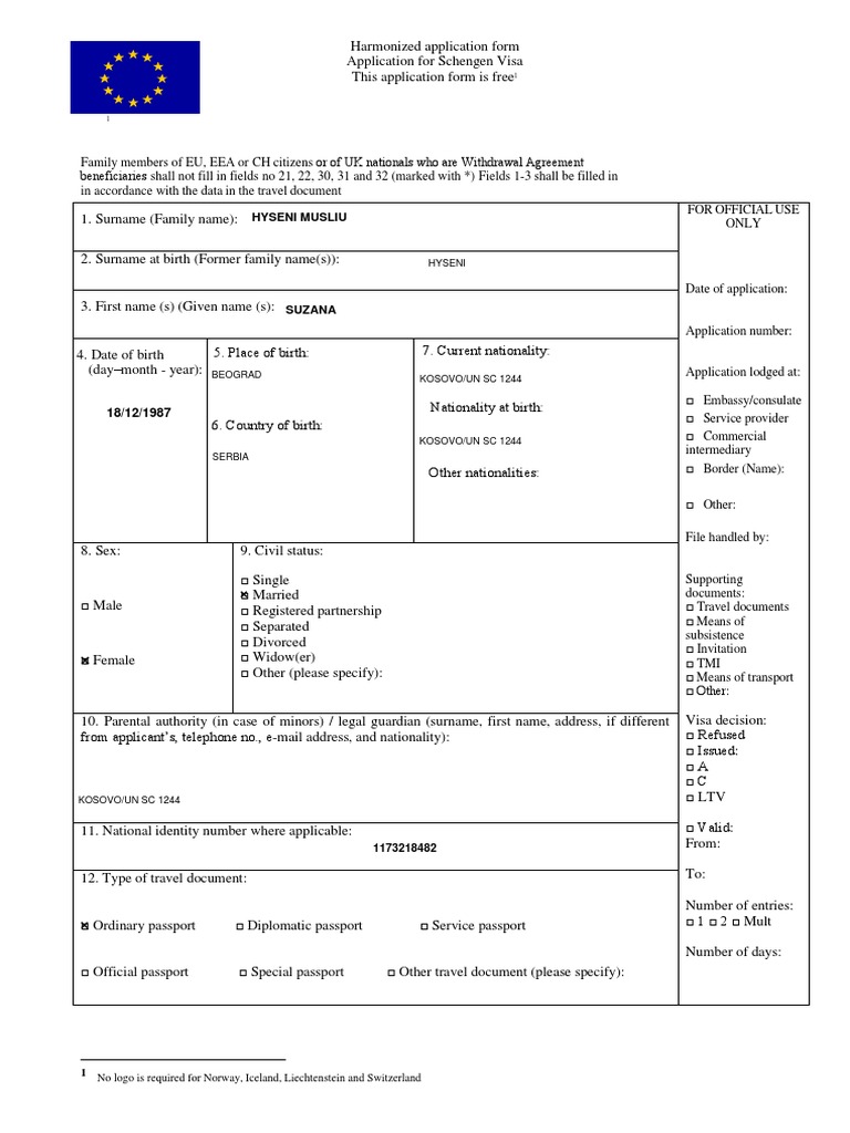 Application for a Schengen Visa to Greece: Personal and Travel Details ...
