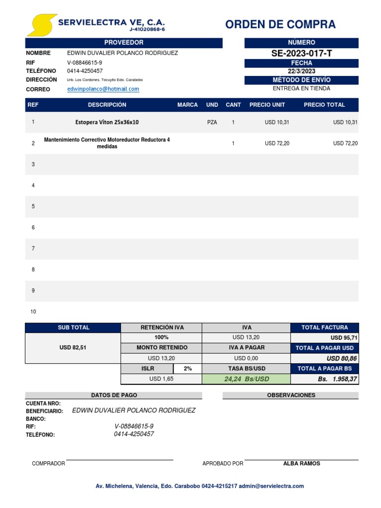 ORDEN DE COMPRA 0017 Edwin Polanco | PDF