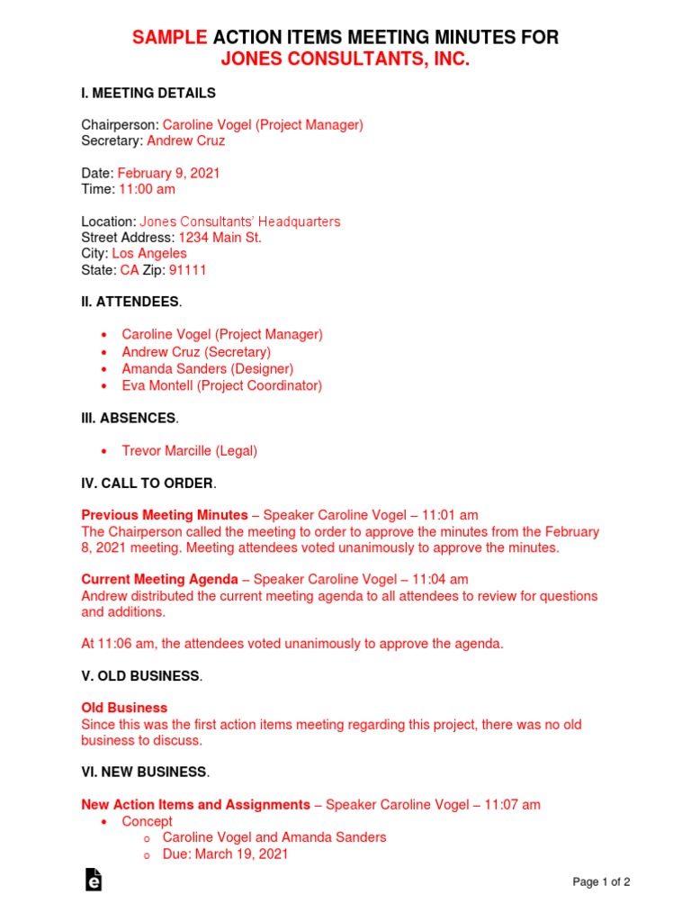 Sample Action Items Meeting Minutes | PDF