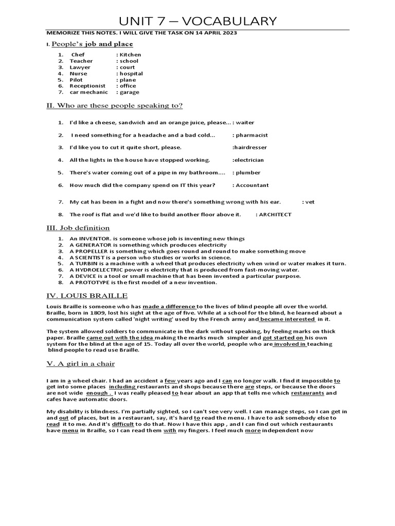 Unit 7 Vocabulary Notes PDF | PDF | Visual Impairment
