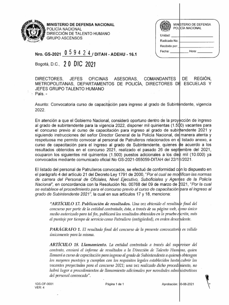 Comunicado Gs-2021-059424-Ditah Convocatoria PT-1500 | PDF