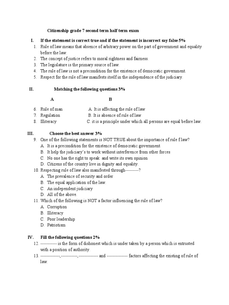 Grade 7 Citizenship Exam Review | PDF | Politics