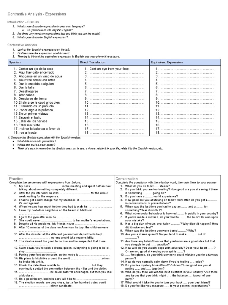 Contrastive Analysis Expressions Student Handout | PDF