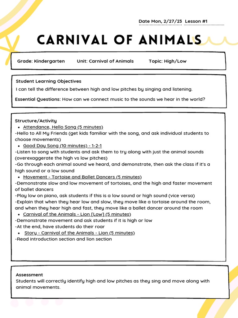 Kindergarten Music Lesson Plan | PDF | The Carnival Of The Animals | Rhythm