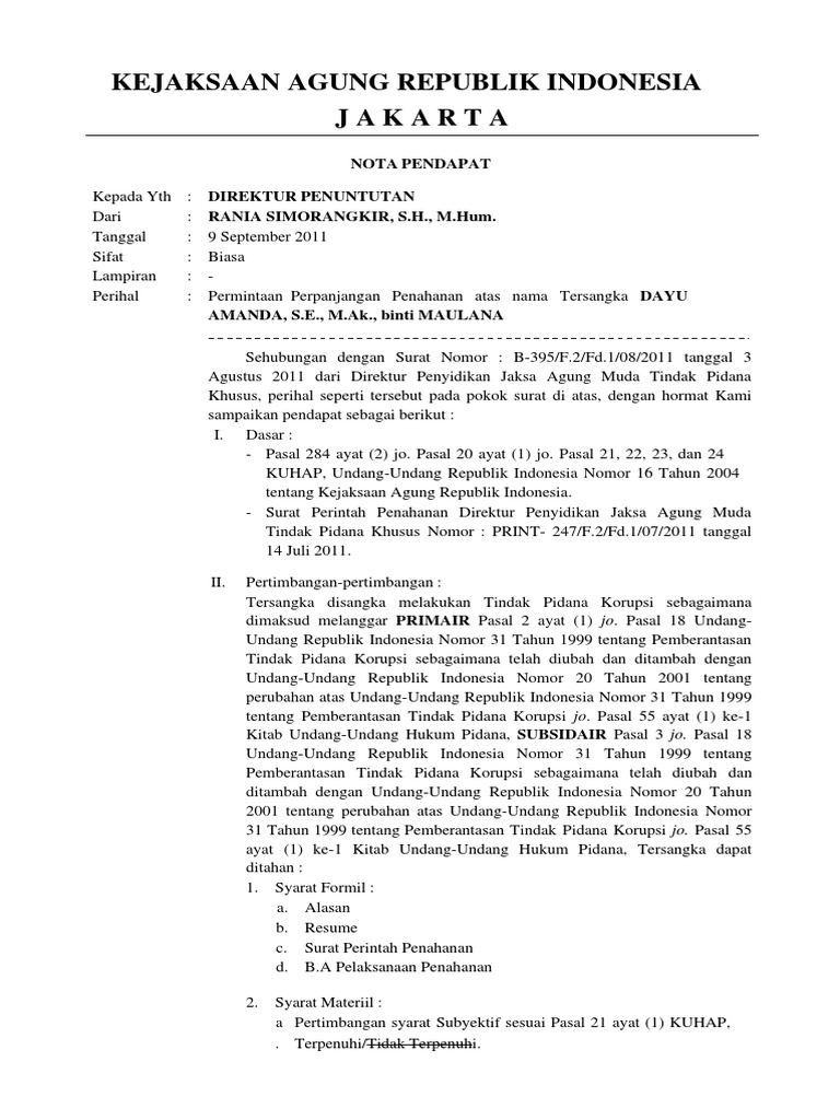 Nota Pendapat Jaksa Peneliti Kepada Direktur Penuntutan | PDF