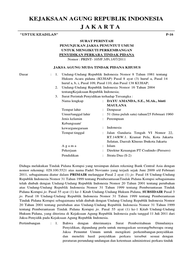 P-16 Surat Perintah Penunjukan JPU Untuk Mengikuti Perkembangan ...