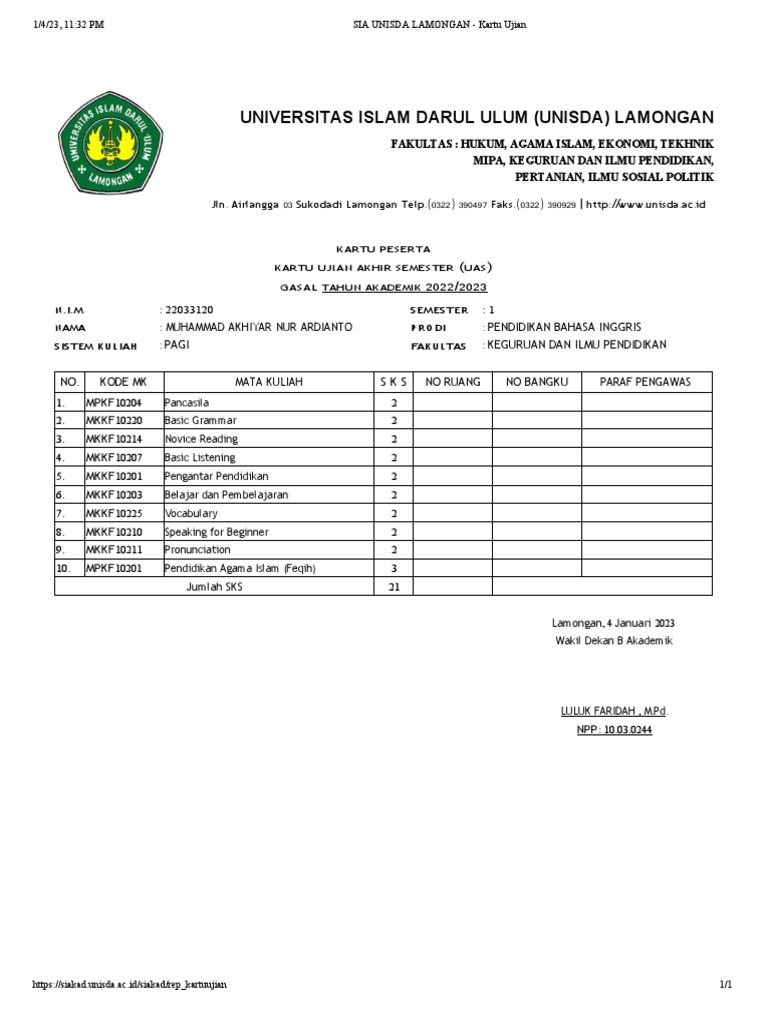 Kartu Ujian Akhir Semester UNISDA 2023 | PDF