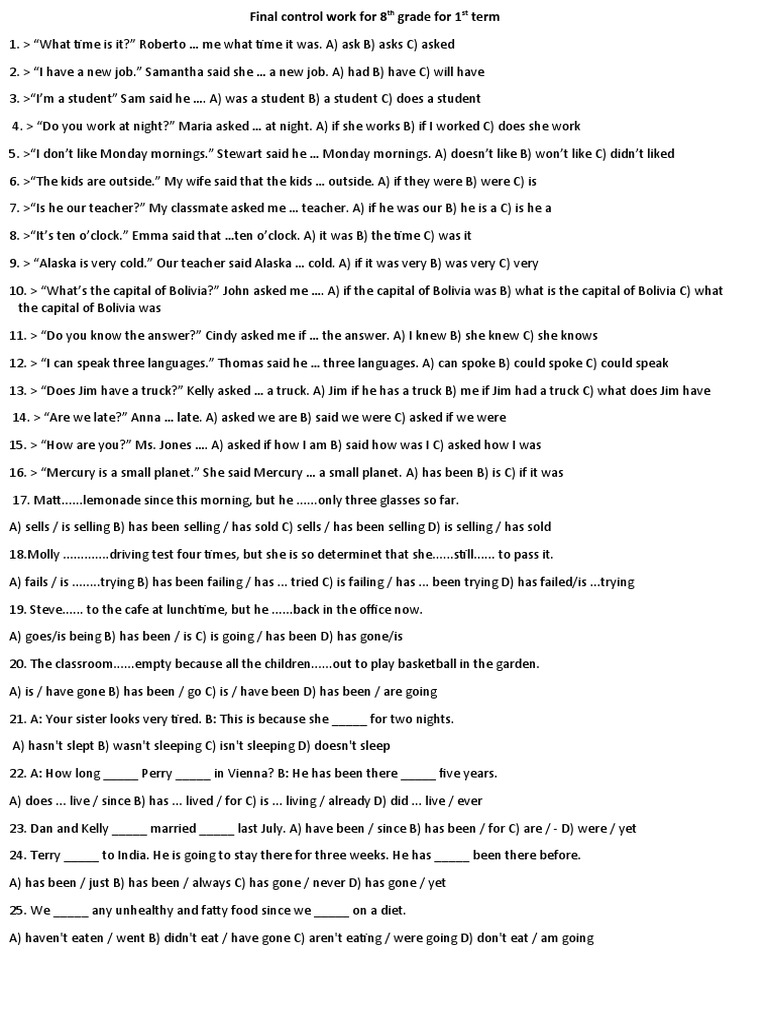 8th Grade English Control Work Answers | PDF