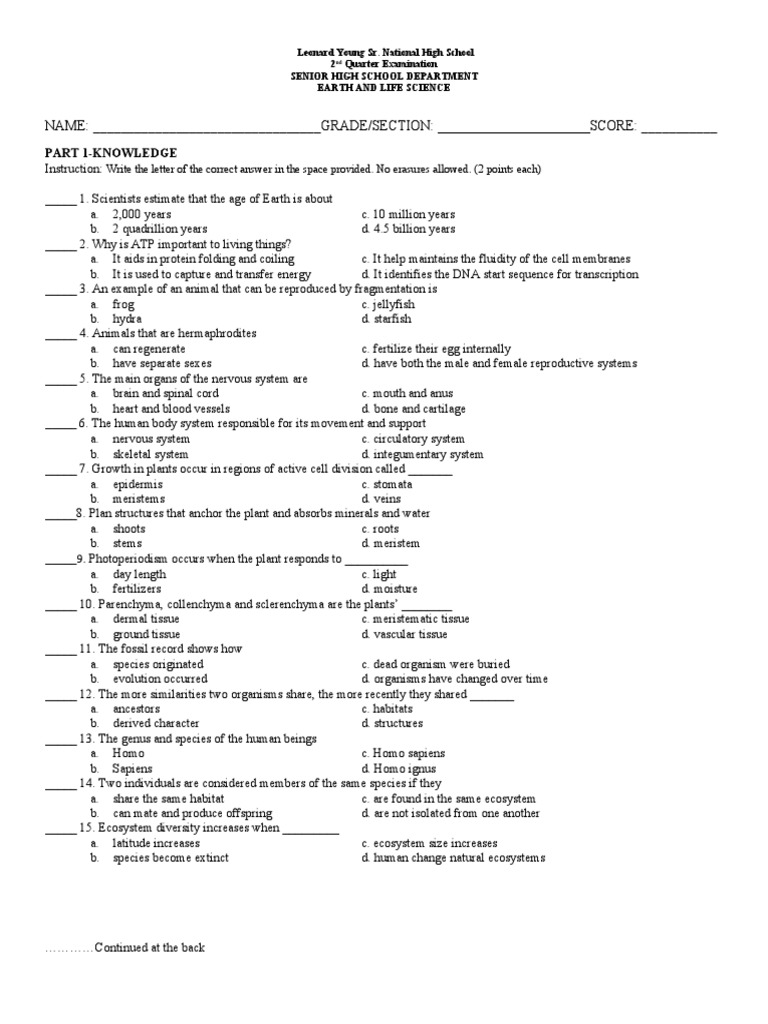Earth and Life Science Exam Guide | PDF | Organisms | Biology