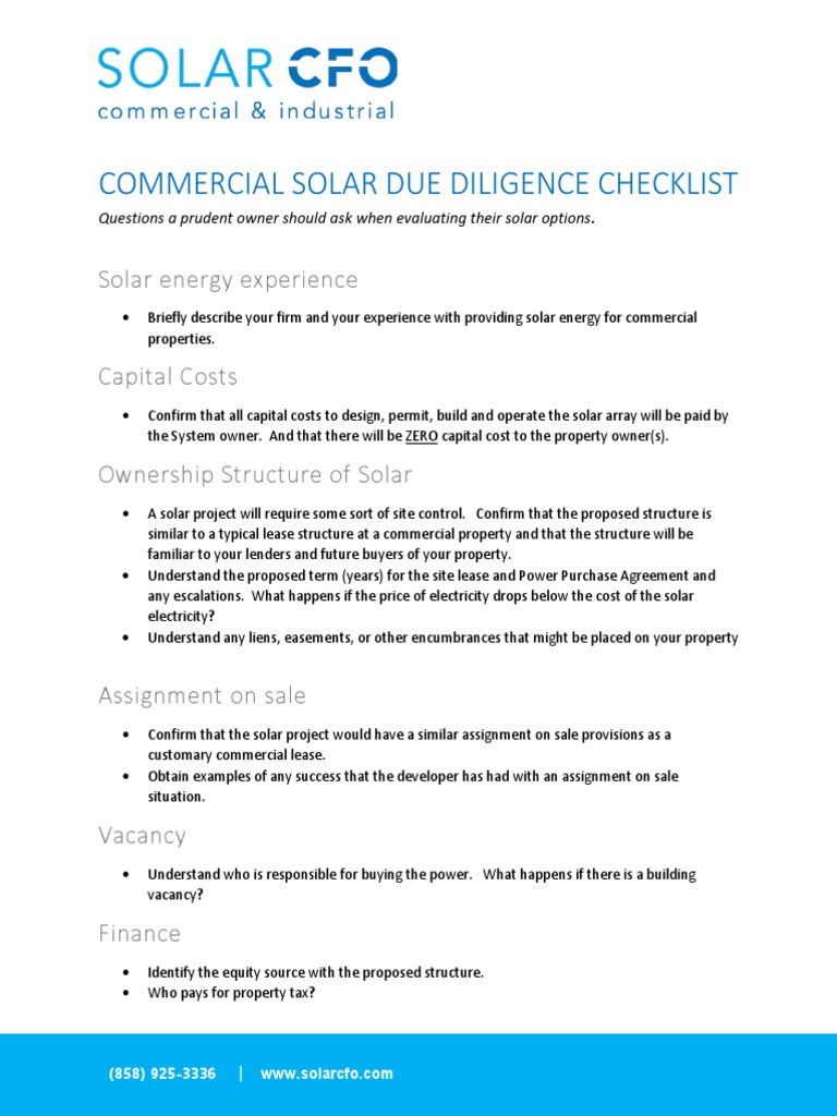 Commercial Solar Due Diligence Checklist | PDF | Photovoltaic System | Roof