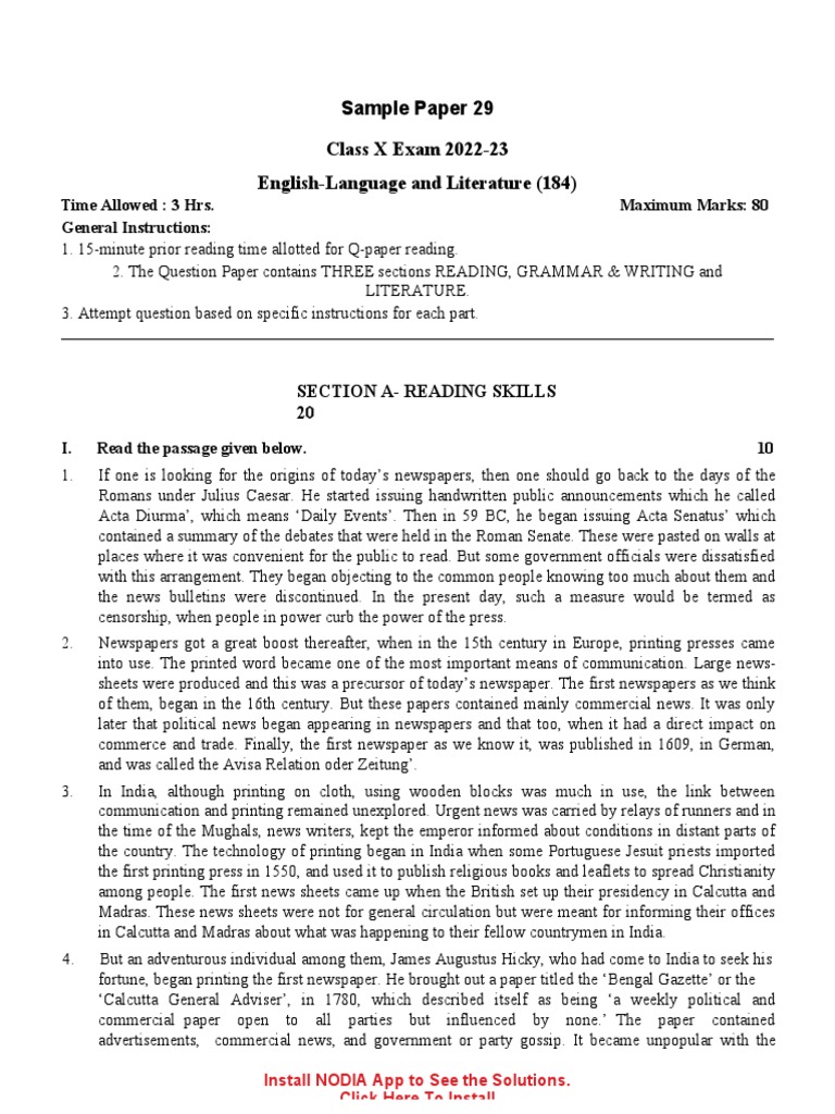 EN Sample Paper 29 Unsolved | PDF | Newspapers | You Tube