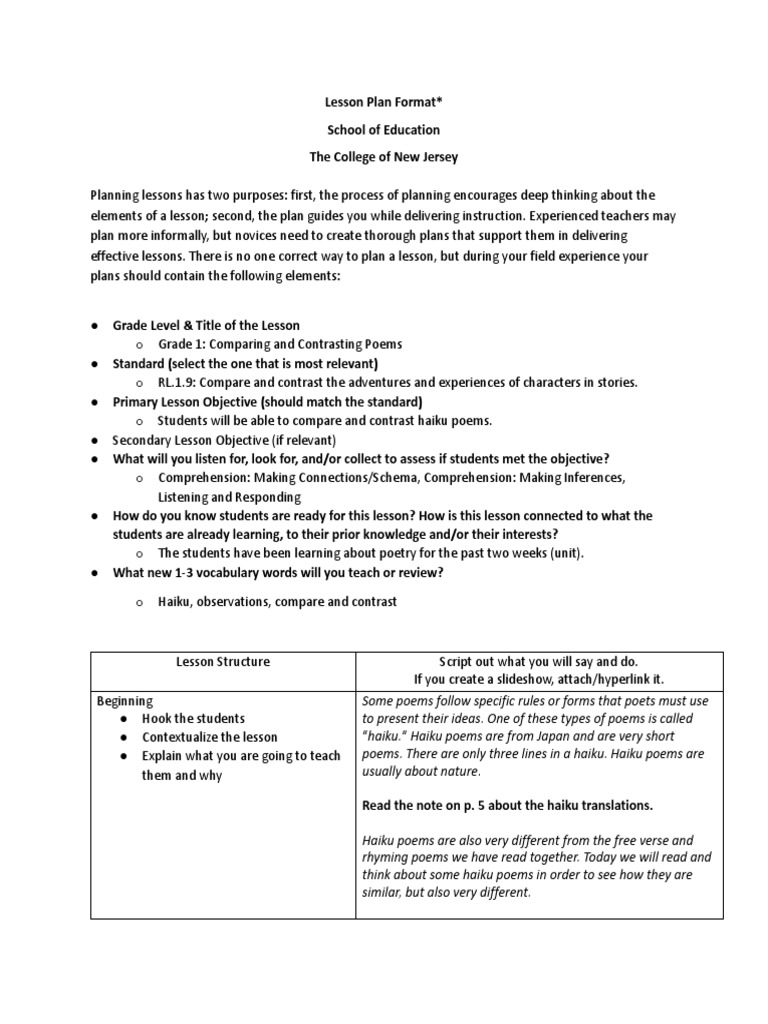 Lesson Plan Comparing and Contrasting Poems | PDF | Reading ...