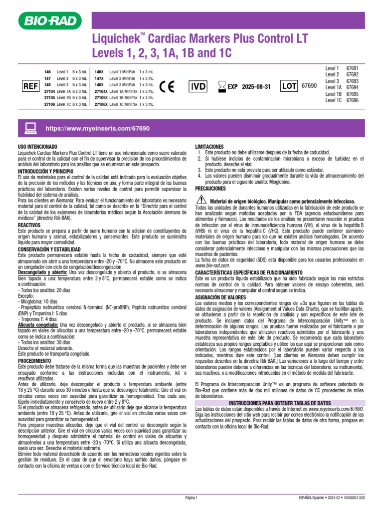Liquichek Cardiac Markers Plus Control LT Levels 1, 2, 3, 1A, 1B and 1C ...