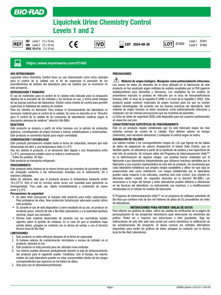 Liquichek Urine Chemistry Control Levels 1 and 2: Página 1 - 2023-02 ...