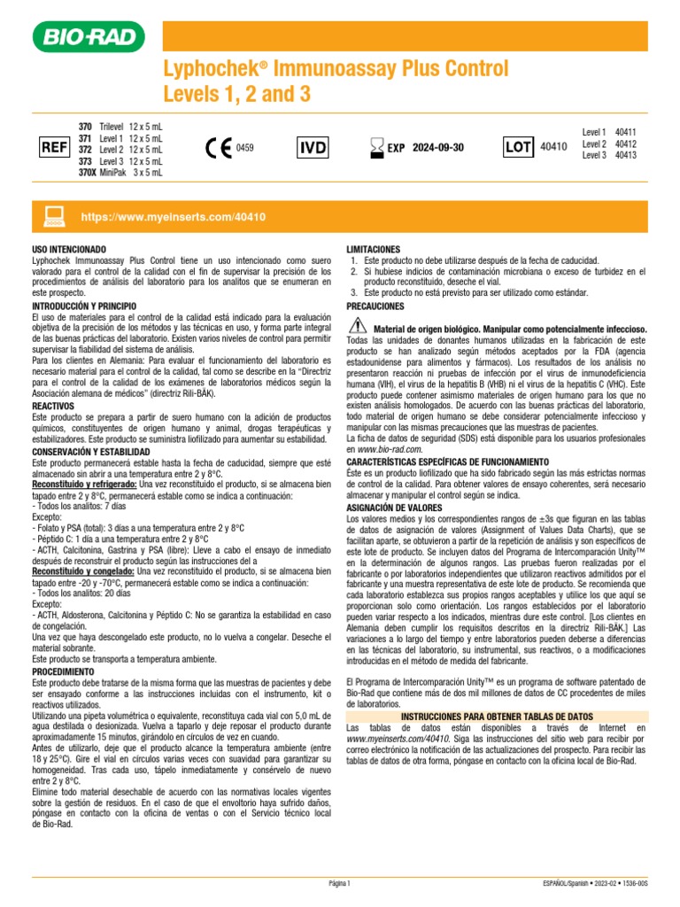 Lyphochek Immunoassay Plus Control Levels 1, 2 and 3: Página 1 - 2023 ...