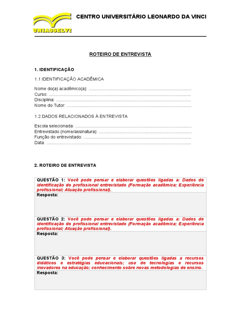 Modelo de Roteiro de Entrevista | PDF Modelo de Roteiro de Entrevista | PDF