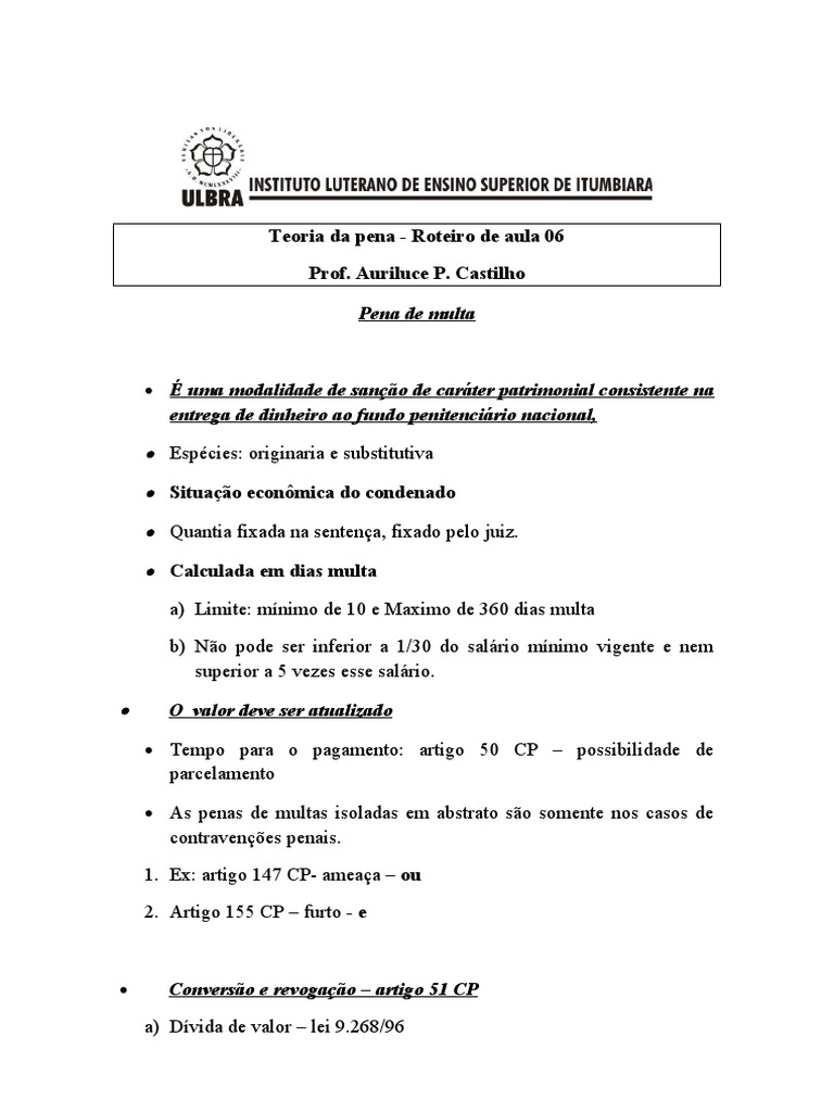 Pena de multa: conceito, cálculo, pagamento e conversão | PDF