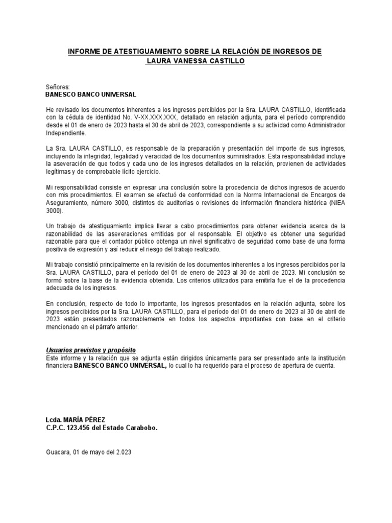 Informe de Atestiguamiento Sobre La Relación de Ingresos (Niea 3000) | PDF