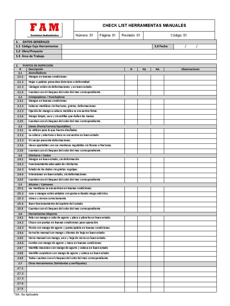 CheckList Herramientas Manuales FAM | PDF | Herramientas | Bienes de consumo