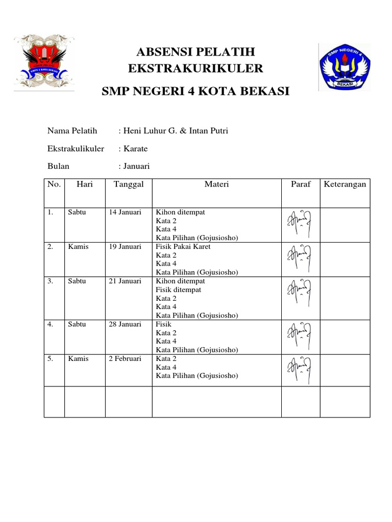 Absensi Pelatih Ekstrakurikuler SMPN 4 | PDF | Seni & Disiplin Bahasa