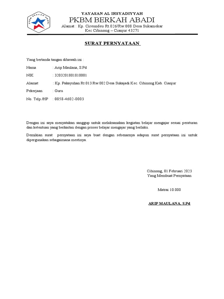07. Surat Pernyataan melakukan KBM.docx | PDF