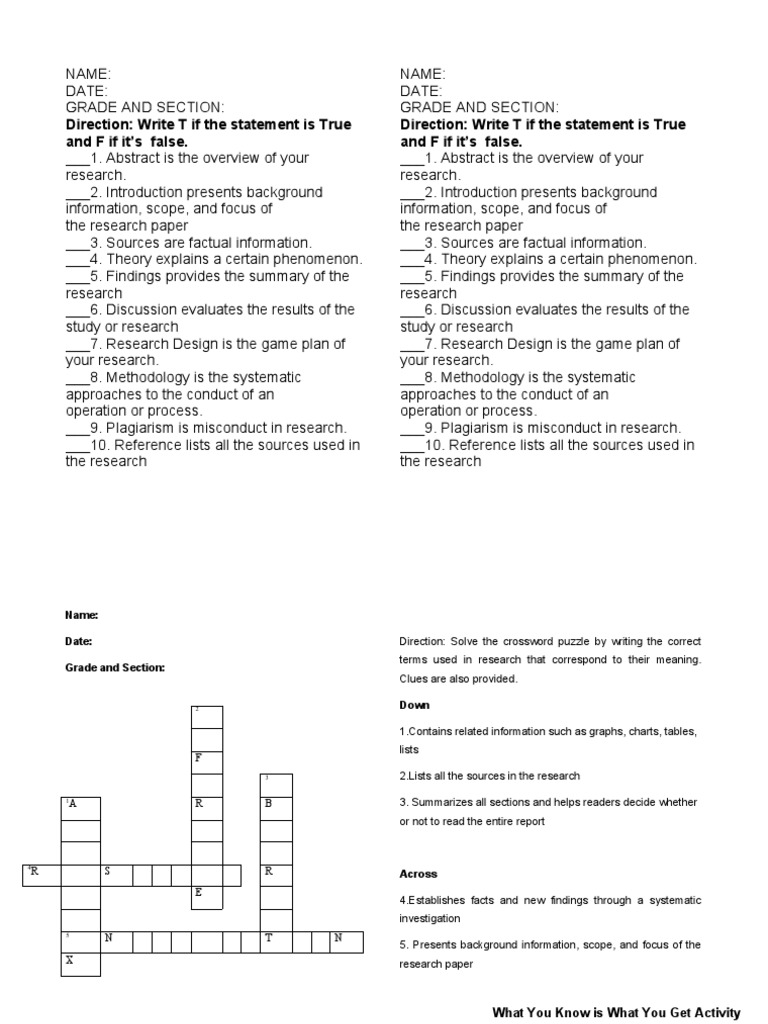 Research Terminology True/False Quiz | PDF | Methodology | Crossword