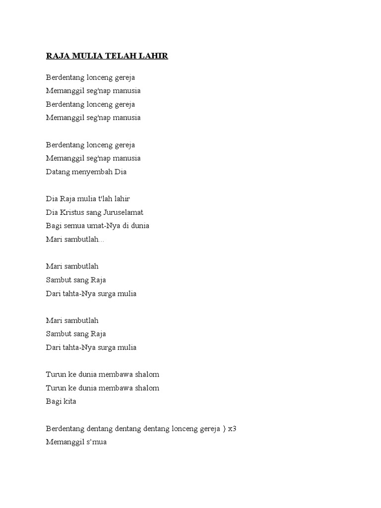 RAJA MULIA TELAH LAHIR - Lirik Vokal Grup Lingkungan 2 | PDF