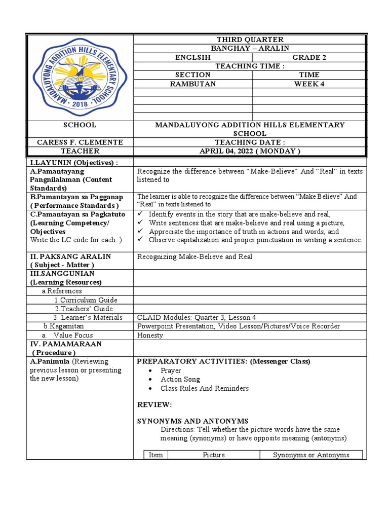 Grade 2 English Lesson: Real vs. Make-Believe | PDF | News | Social Media