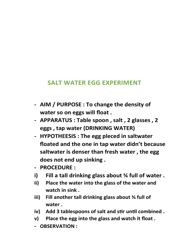 Salt Water Egg Experiment | PDF | Cooking, Food & Wine
