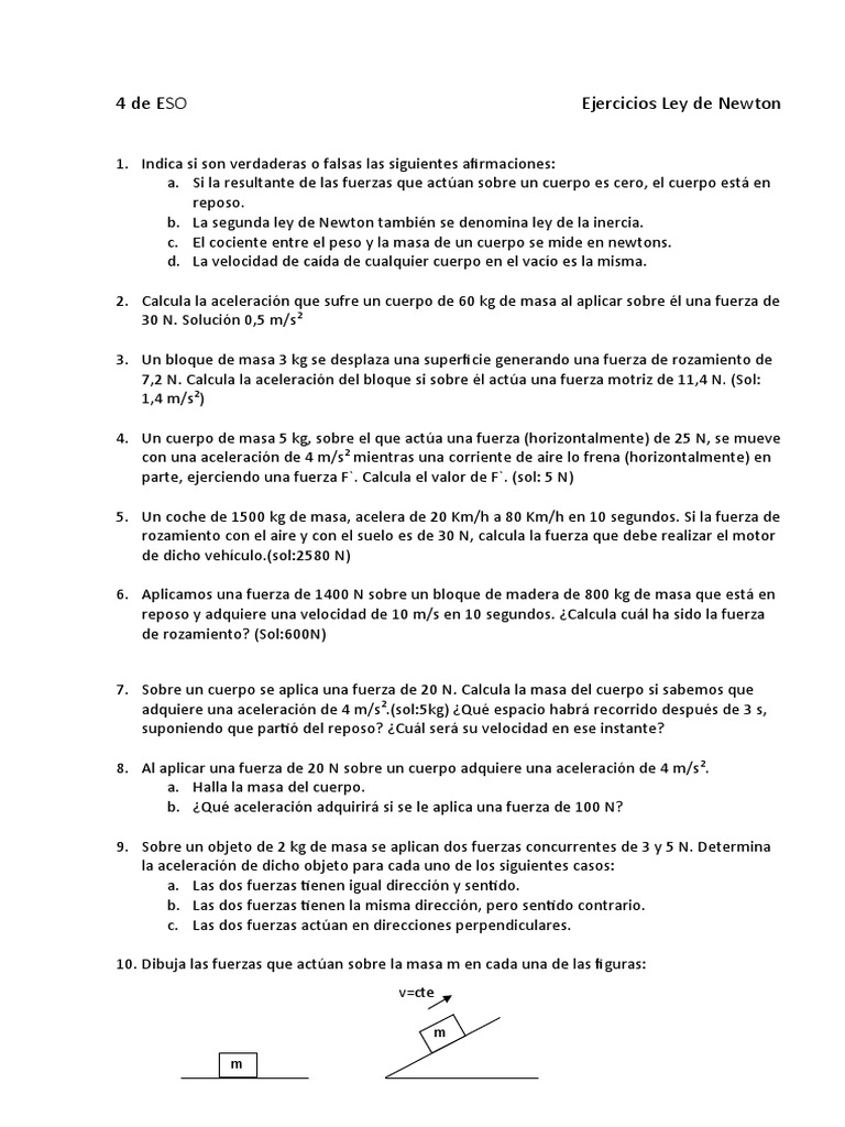 4 de ESO Ejercicios Ley de Newton.docx | PDF | Fuerza | Masa