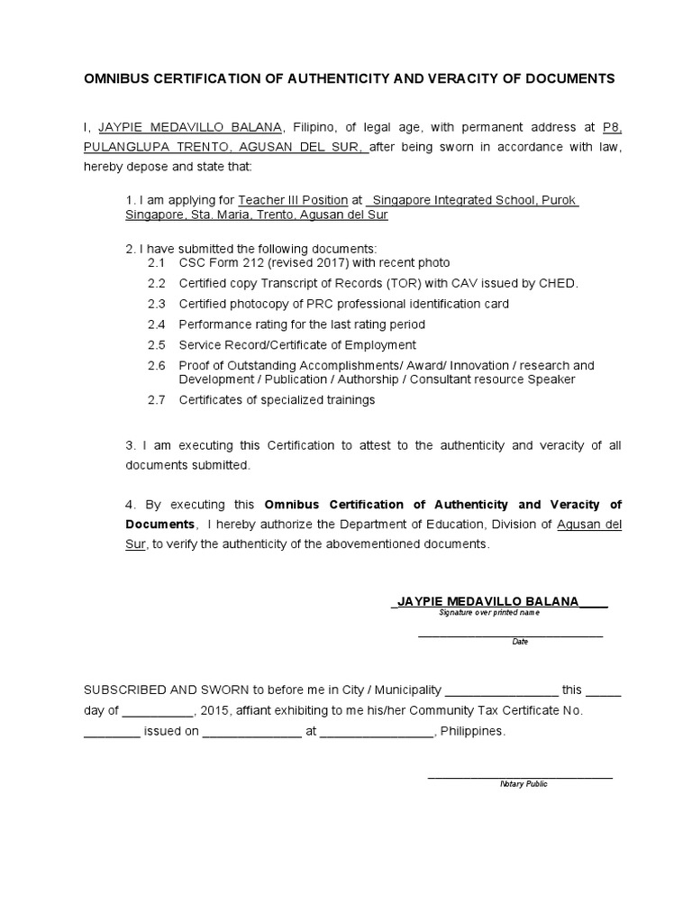 Omnibus Certification of Authenticity and Veracity of Documents | PDF