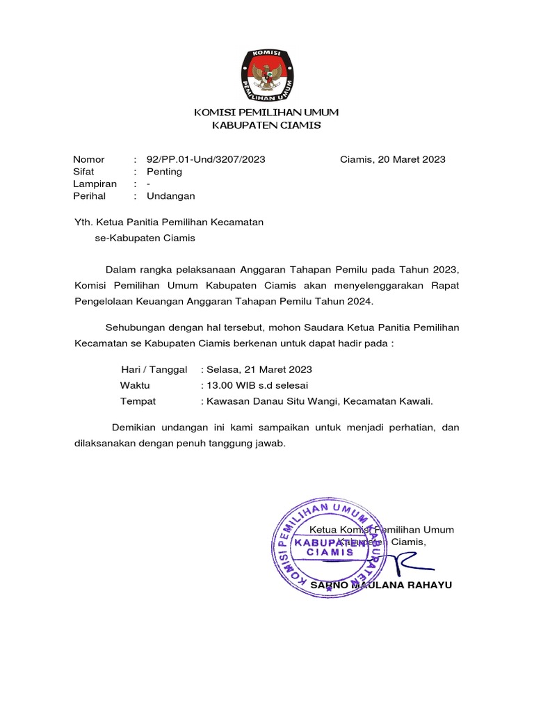 92 - Surat Undangan Rapat Pengelolaan Anggaran Pemilu Tahun 2024 | PDF