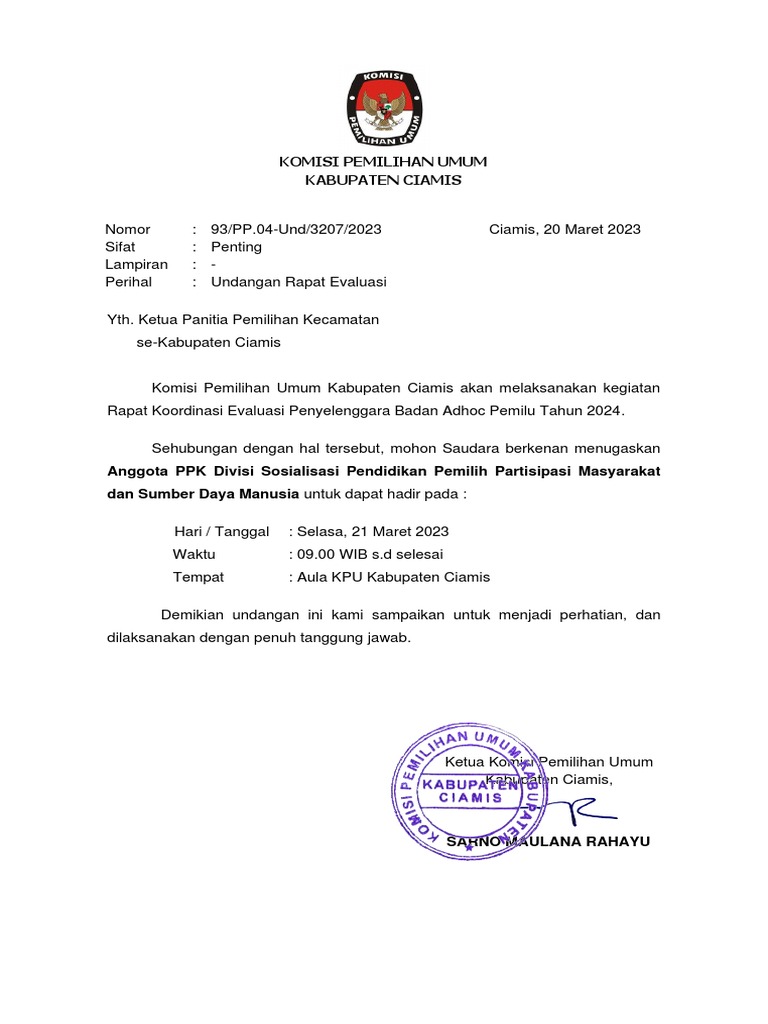 93 - Undangan Rapat Koordinasi Evaluasi Badan Adhoc Pemilu 2024 | PDF