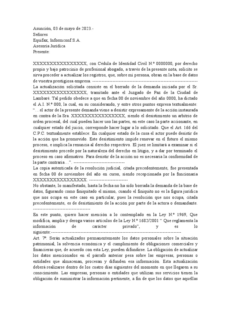 Modelo de Nota Dirigida A Informconf A Fin de Actualizar Base de Datos ...