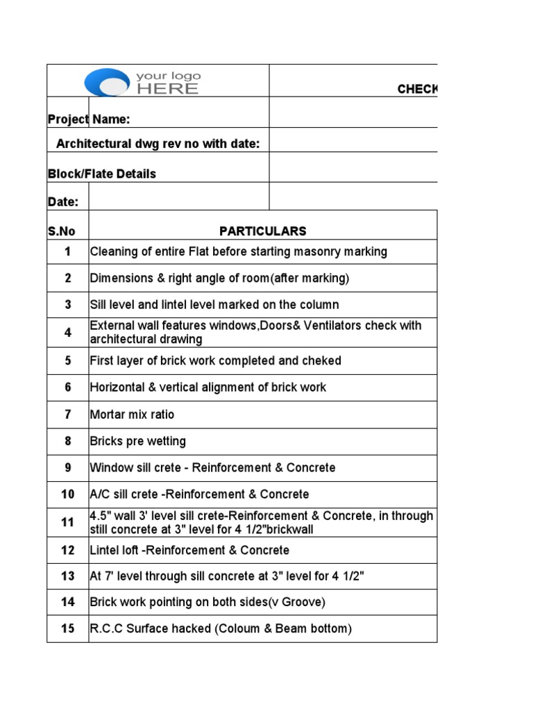 Check List For Block Brick Work | PDF