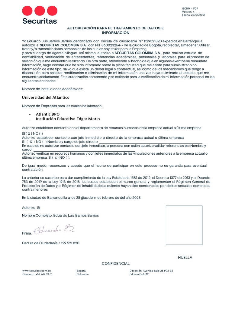 Formato de Autorizacion Esp Securitas Colombia. | PDF | Privacidad de la información | Justicia