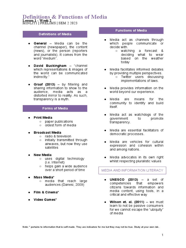 Definitions & Functions of Media: Minlit1 - Prelims - Sem 2 2023 | PDF ...