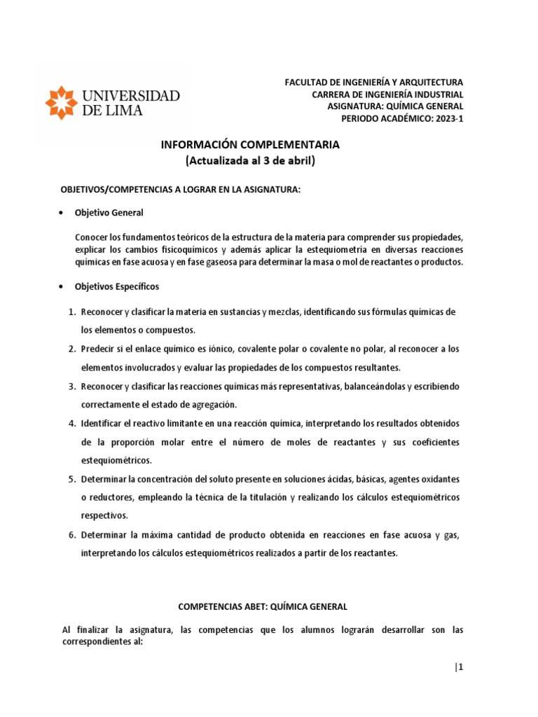 2023_1_Información_Complementaria_Química_General (actualizado al 3 de abril).pdf | PDF ...