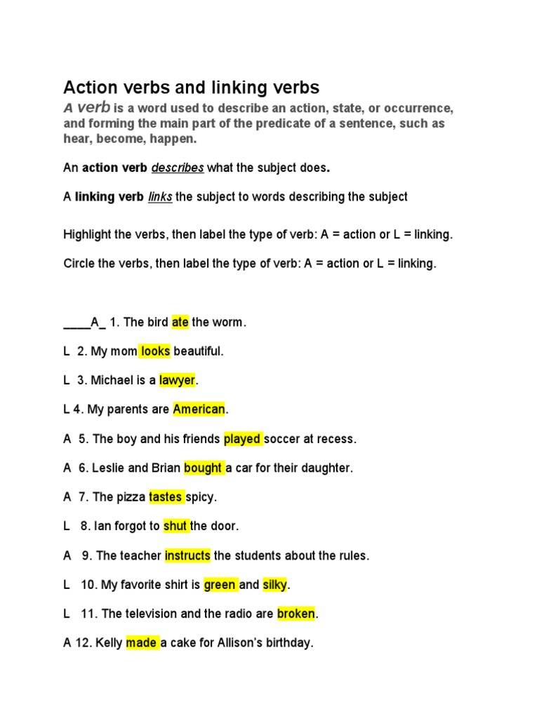 Action vs. Linking Verbs Explained | PDF | Language Arts & Discipline