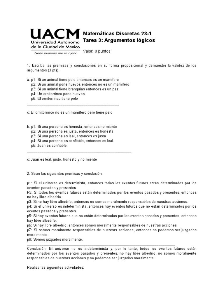 Tarea 3 Matemáticas Discretas 23-1 | PDF | Proposición | Libre albedrío