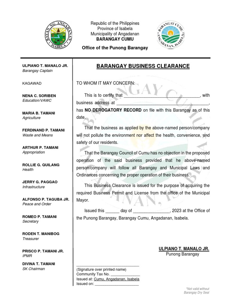 Barangay Business Clearance Certificate | PDF