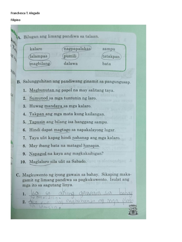 Franchesca T Alegado - Ang Pandiwa, Bayanihan at Klaster | PDF