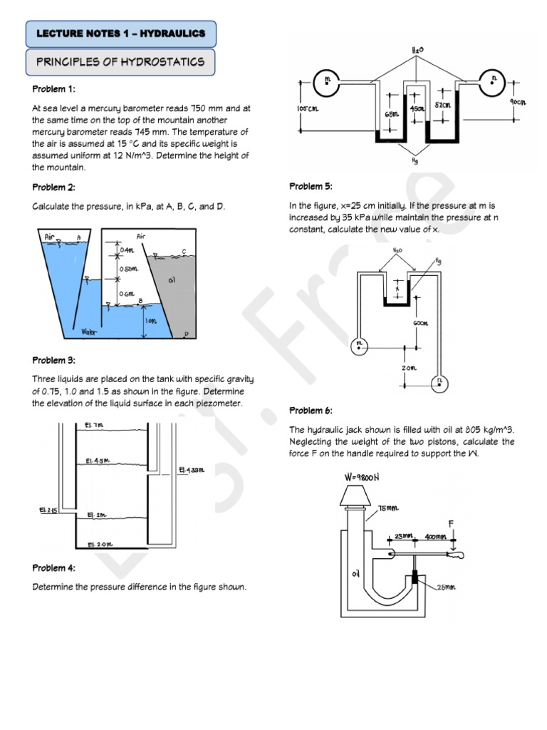 Hydraulics Lecture Notes 1 - Problem Exercises | PDF | Pressure | Metrology