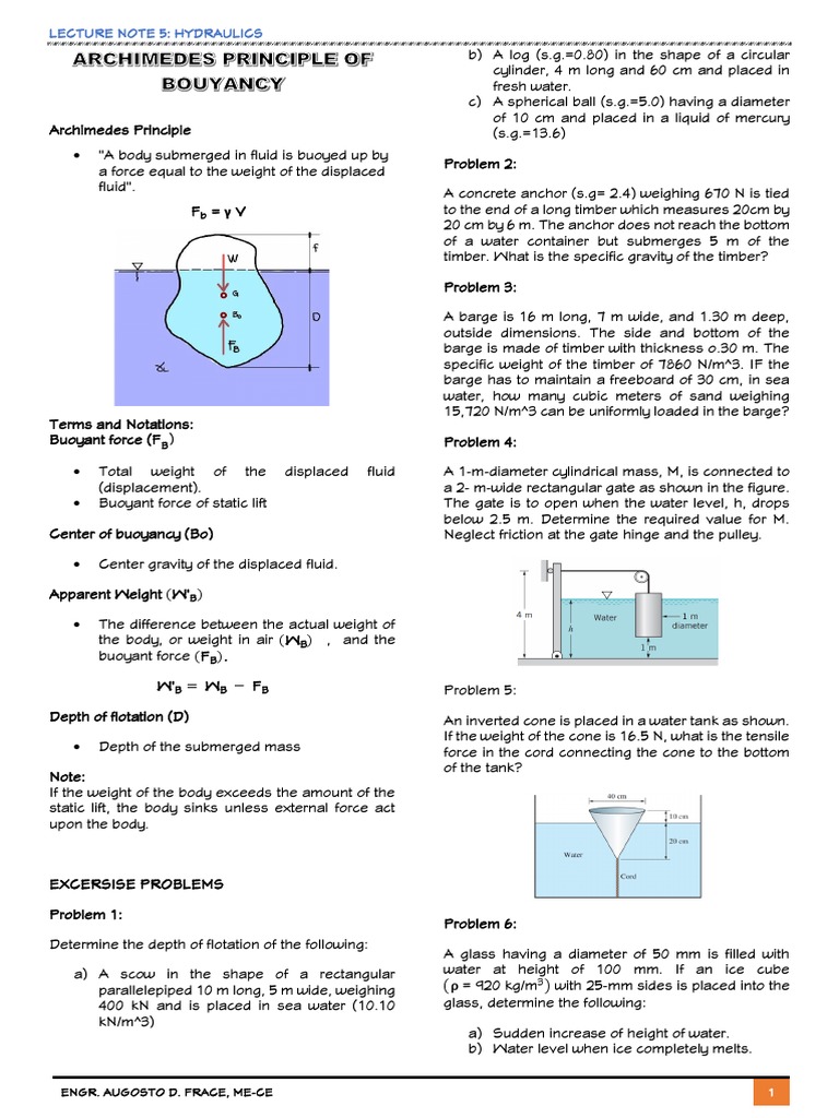 Hydraulics Lecture Notes 5 - Archimedes Principle of Bouyancy | PDF ...