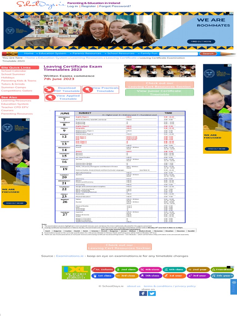 Leaving Certificate Examination Timetable 2023 - SchoolDays - Ie | PDF